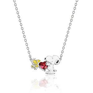 PEANUTS Womens Snoopy and Woodstock Red Crystal Heart Necklace 18" - Silver Plated Snoopy Necklace - Official License