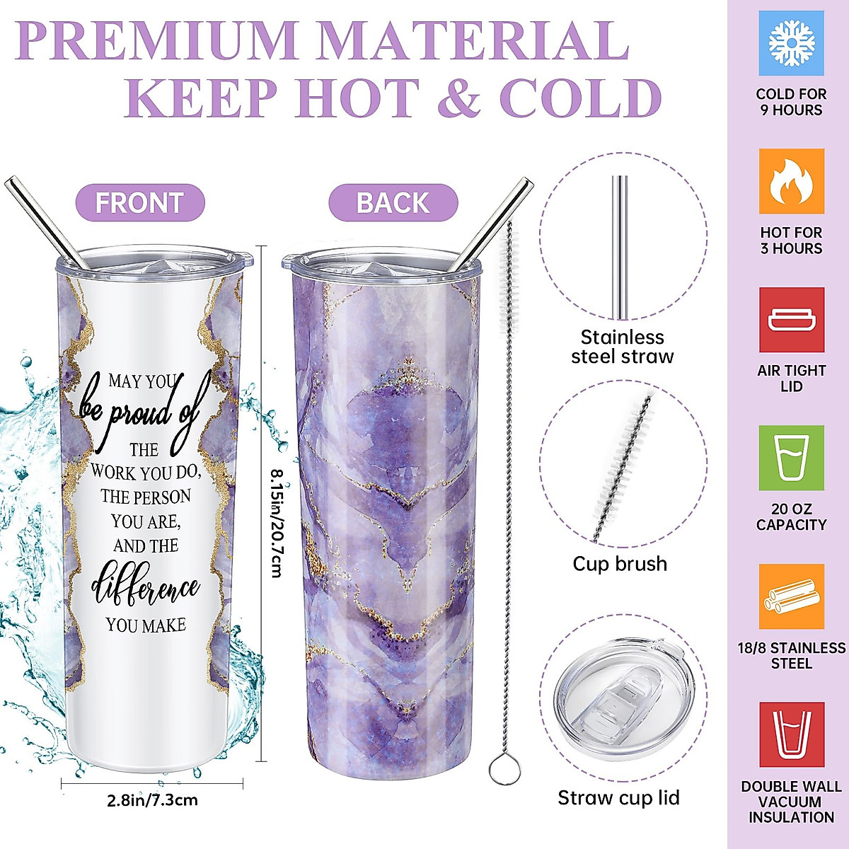 Domensi 6 Pcs Employee Appreciation Gift Set for Women Thank You Gift May You Be Proud 20 oz Rustic Purple Marble Sign Tumbler Makeup Bag Journal Ballpoint for Teacher Nurse Lady Work Business Gift