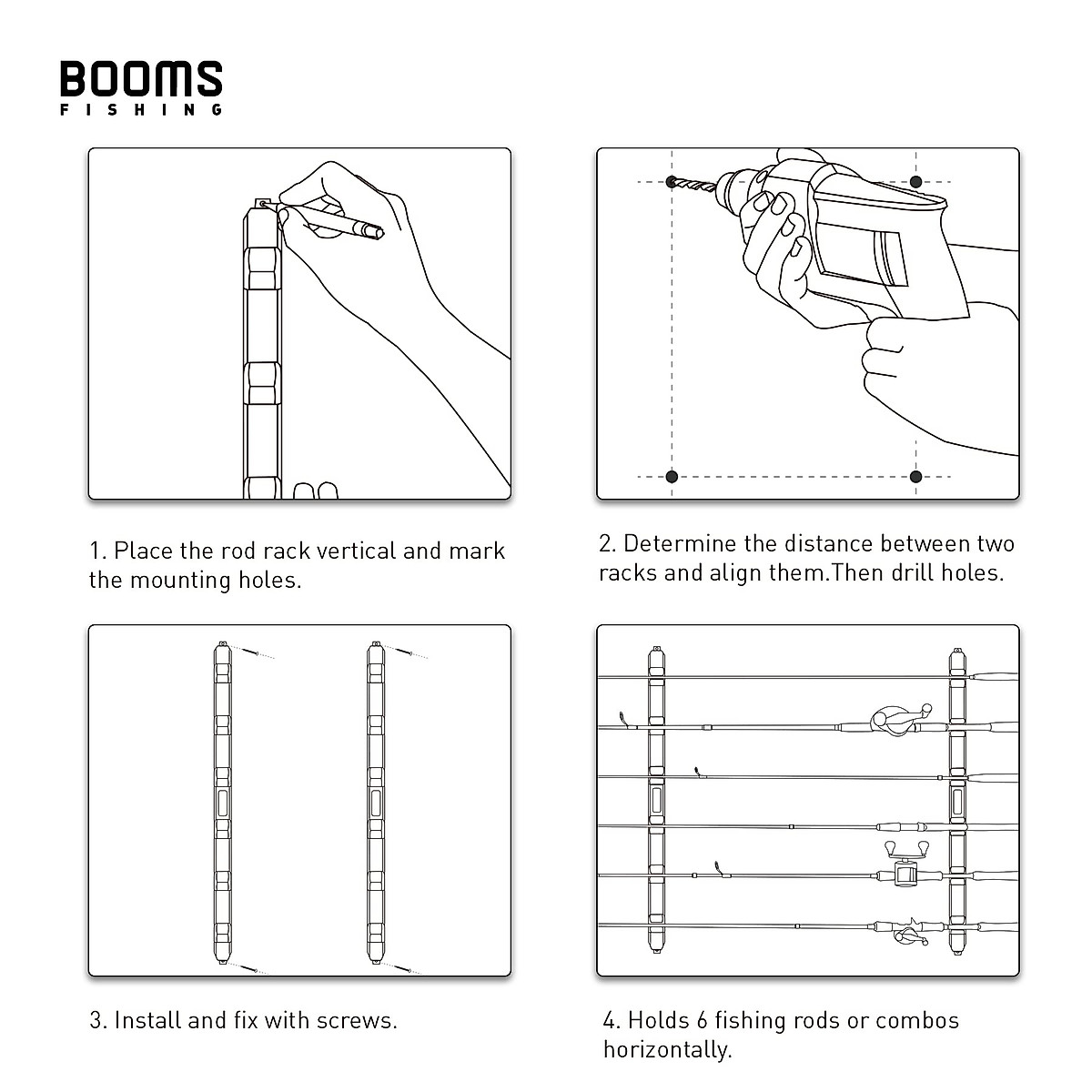 Booms Fishing WV5 Horizontal Fishing Rod Holders for Garage, Wall Mounted Fishing Rod Rack, Kayak Fishing Pole Holder and Rack, Store Up to 6 Rod and Reel Combo in 14.6"
