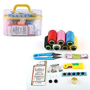 Sewing Supplies Set Portable Sewing Kit Box Plastic Organizer Storage Box with Removable Interlayer for 10pcs Sewing Tools Including Needle Tape Measure Scissor Thimble(Yellow)