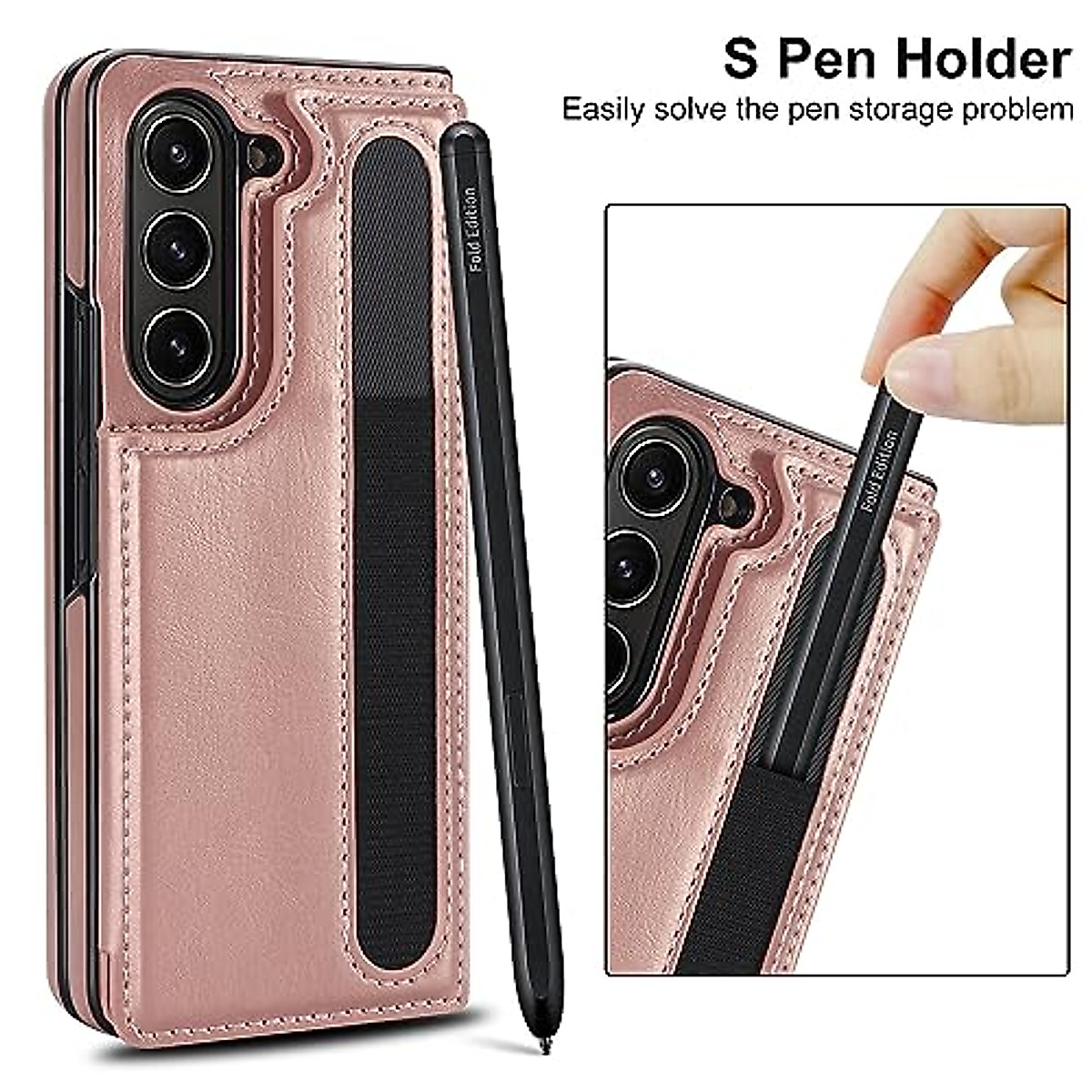 Case for Samsung Galaxy Z Fold 5, with S Pen Holder & Card Slot, Leather Flip Cover,Pink
