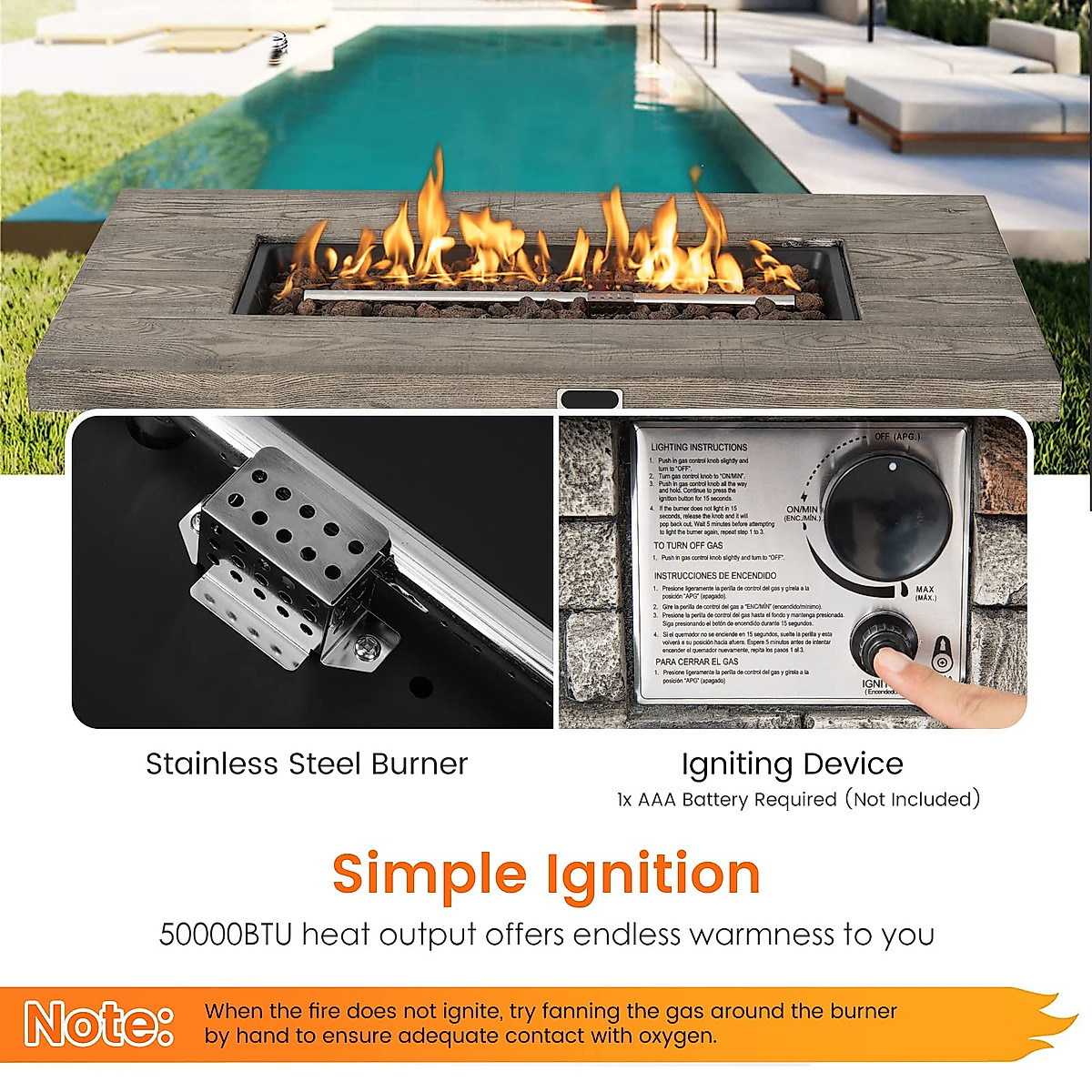 Giantex Propane Fire Pit Table - 2-in-1 Outdoor Rectangle Fire Table W/Volcanic Rock & PVC Cover, Stainless Steel Burner, 50,000 BTU Heat Output, Faux Stone Surface, 43.5” Gas Fire Pits for Outside