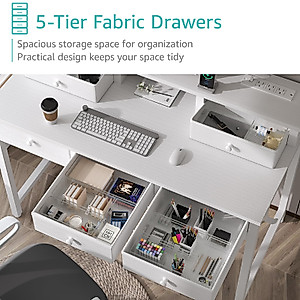 Lufeiya White Computer Desk with Fabric Drawers for Home Office, 40 inch Vanity Makeup Desk with Drawers Storage for Bedroom, Writing Study Table with Power Outlet & Monitor Stand, White