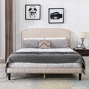 civama Queen Bed Frame with Headboard, Upholstered Platform Beds Modern Linen Mattress Foundation with Nail Head Footboard, No Box Spring Needed, Strong Wood Slats Support, Easy Assembly, Beige