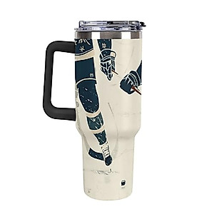 LLUTSNTH 40 Oz Vacuum Tumbler with Black Handle Leakproof Insulated Tumbler Ice Hockey Pattern Stainless Steel Travel Mug with Lid And Straw Coffee Cup Cute Water Bottles Cup Holder Friendly