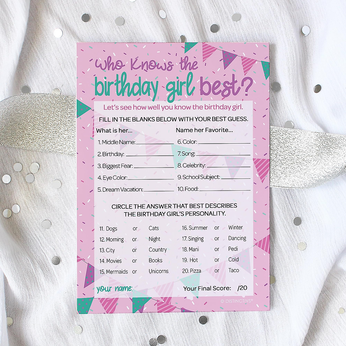 DISTINCTIVS Who Knows The Birthday Girl Best Party Game - 10 Game Cards - Girly Pink and Purple Tween Birthday Party Supplies