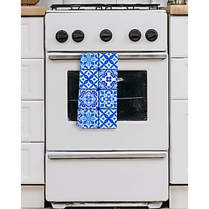 QIYUHOY Abstract Bohemian Navy Blue Moroccan Tile Kitchen Towels or Tea Towels, 16 X 24 Inches Cotton Modern Dish Towels Dishcloths, Dish Cloth Flour Sack Hand Towel for Farmhouse Kitchen Decor