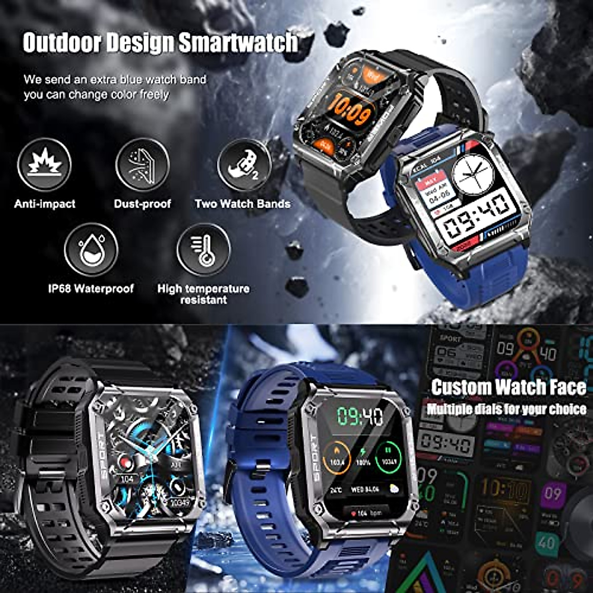 Military Smart Watch for Men, IP68 Waterproof Tactical Sports Watch, Outdoor Rugged Smart Watches for Men with Fitness Tracker Heart Rate Compatible with Android iOS (Includes 2 Watch Bands)