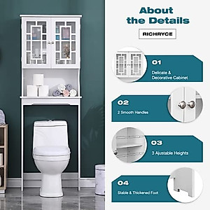 RICHRYCE Over-The-Toilet Storage, Wooden Bathroom Organizer, with 2 Glass Doors & Adjustable Shelf,Over Toilet Cabinets for Bathroom，67.1''L x 23.6''W x 8.5''H,(White)