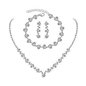 UDYLGOON Crystal Necklace Earrings Bracelet Jewelry Set Bride Bridesmaid Wedding Prom Party (Silver)