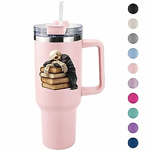 LB LEOBON 40 ounce insulated cup with handle, double-layer vacuum stainless steel material, equipped with straw, can keep warm or maintain cold drinks Skeletons Sleeping Books 2 Light pink