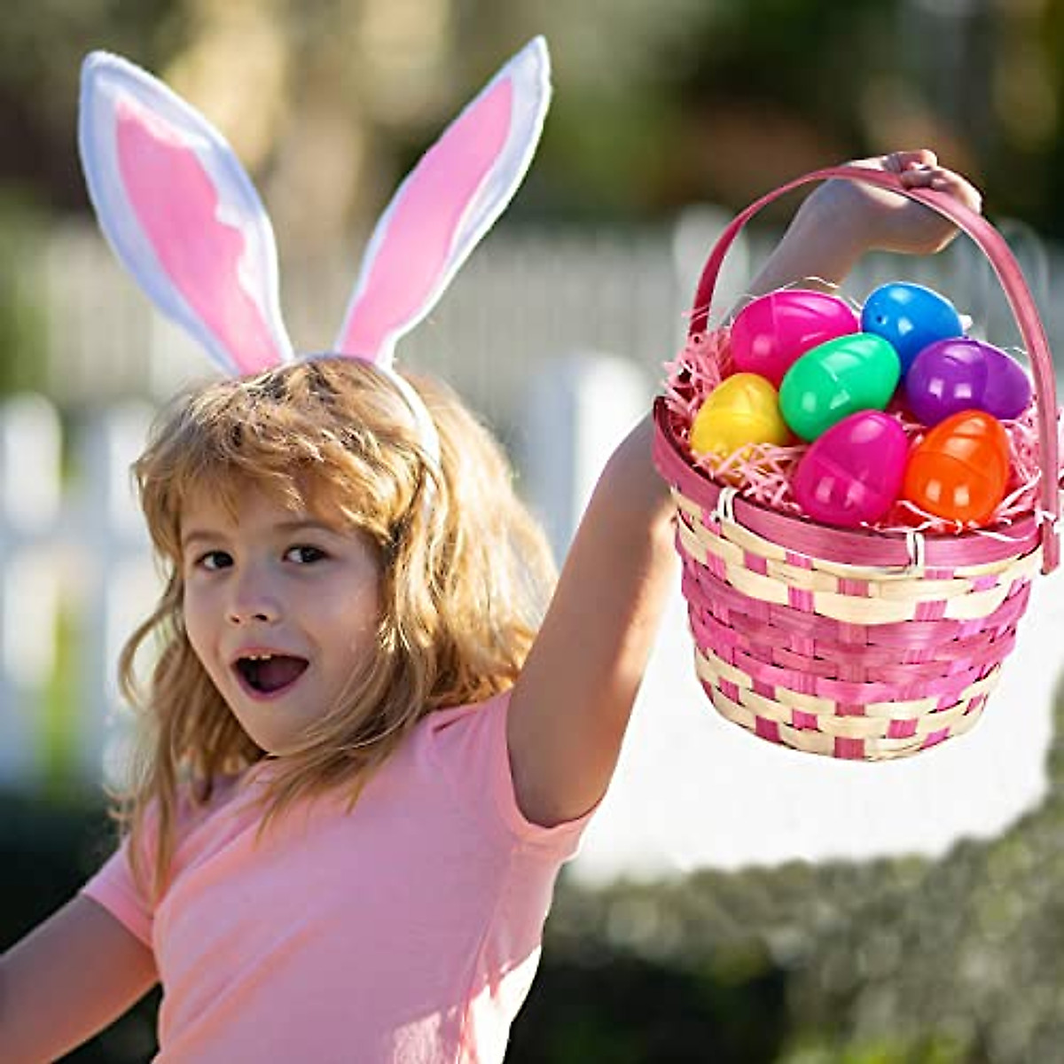 4 Set Large Easter Basket Bulk with 24 Pcs Easter Eggs, Handle Round Bamboo Woven Basket with Plastic Easter Eggs and 4 Pcs Colored Raffia Grass for Kids Baby Easter Bunny Party Supplies