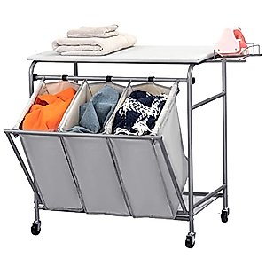HollyHOME Laundry Sorter Cart Heavy Duty 3 Bags Classic Rolling Side pull Ironing Board Laundry Hamper Sorter with Iron Rack and 4 Wheels Grey
