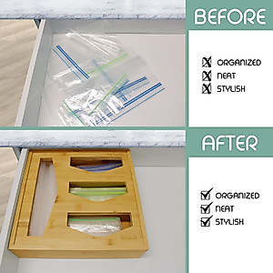 DE'VELO Bamboo Ziplock Baggy Organizer, Food Storage Container Organizer with Slider door, Compatible with Ziploc, Solimo, Glad, Hefty for Gallon, Quart, Sandwich and Snack Size Bag