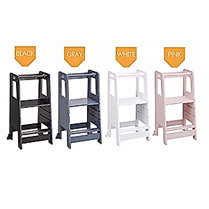 Kid's Wooden Kitchen Step Stool, Adjustable Platform Standing Tower, with Safety Guardrail Child Studying Tower, Toddler Stool for Bathroom, Cooking Helper（Grey）