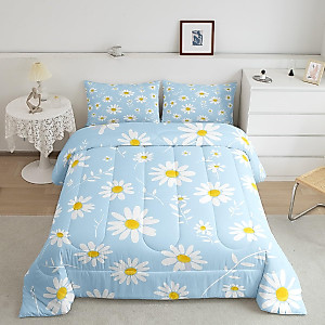 Manfei Daisy Comforter Set Twin Size, White Flower Leaves Bedding Set 2pcs for Kids Boys Girls Bedroom Decor, Botanical Garden Artwork Quilt Set Soft Polyester Duvet Set with 1 Pillowcase