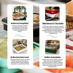 Fancy Panz Classic, Food Serving Tray, Made in the USA Foil Pan Carrier, Stackable Aluminum Pan Holders with Clear Lid, Travel Casserole Carrier With 1 Disposable Foil Pan & Serving Spoon, Green