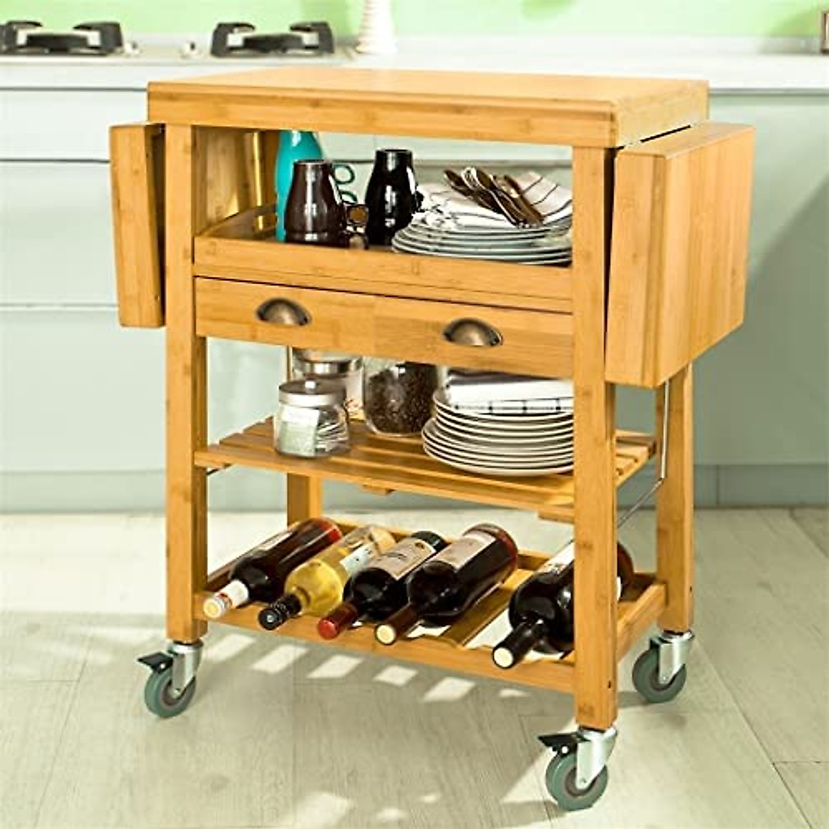 IRDFWH Extendable Kitchen Trolley Cart with 2 Folding Hinged Side Boards Removable Tray
