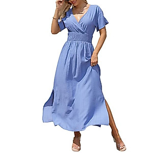 KOJOOIN Womens V Neck Short Sleeve Solid Long Dresses Smocked High Waist Slit Maxi Dress Blue M
