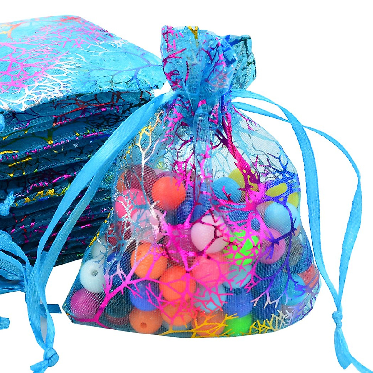 Marrywindix 100pcs Blue Organza Drawstring Pouches Jewelry bags, Candy Pouch Chocorate Pouch Party Wedding Favor Gift Bag