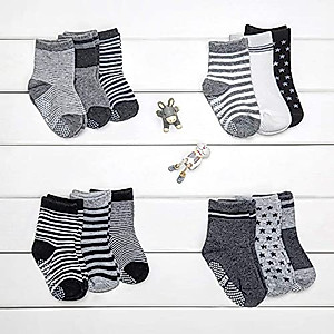 12-Pack Cotton Socks for Toddler Boys Girls Anti-Slip Ankle Socks for Baby Walkers Non-Skip Stretch Knit Stripes Star Assorted Cotton Socks with Grip for 16-36 Months