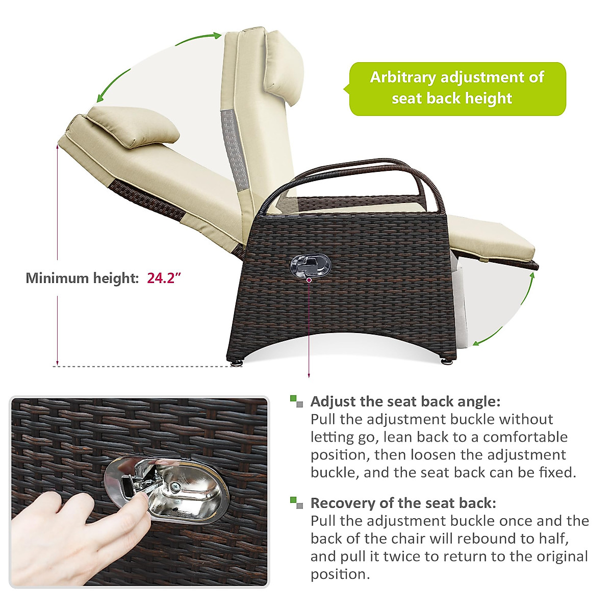 Outdoor Recliner Chair,PE Wicker Adjustable Reclining Lounge Chair and Removable Soft Cushion, with Modern Armchair and Ergonomic for Home, Sunbathing or Relaxation (Brown + Khaki)