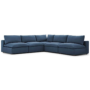 Modway Commix Down Filled Overstuffed 5 Piece Sectional Sofa Set, Corner Chair/Four Armless Chairs, Azure