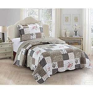 Brilliant Sunshine Roses and Toile Quilt Set, 2-Piece Bedding Sets with 1 Sham, Patchwork Design, Washable and Reversible Bedspread, Soft Lightweight Coverlet, All-Season, Twin/Twin XL, Rose Grey