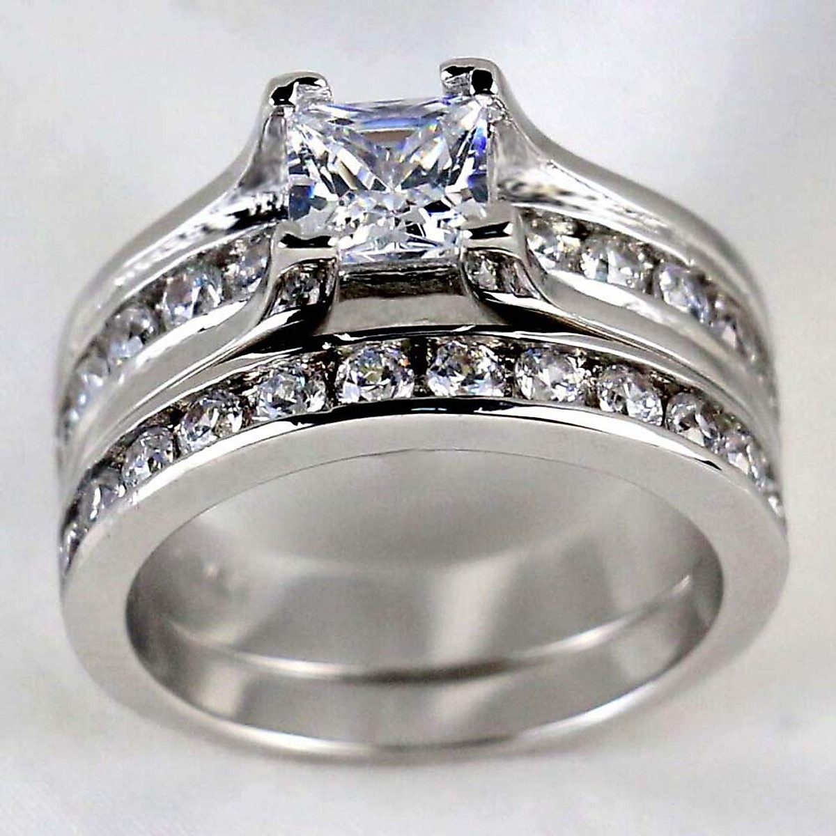 LOVERSRING Couple Ring Bridal Set His Hers Women White Gold Plated Cz Men Titanium Wedding Ring Band Set