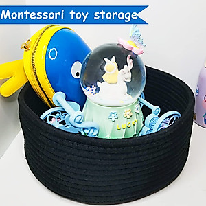 Hispqser Large Black Woven Basket, Round Cotton Rope Basket with Handle Empty Gift Basket to Fill Decorative for Toys Hamper Nursery Sturdy Thicken Storage Bathroom Living Room 10.6 * 10.6 * 3.5in