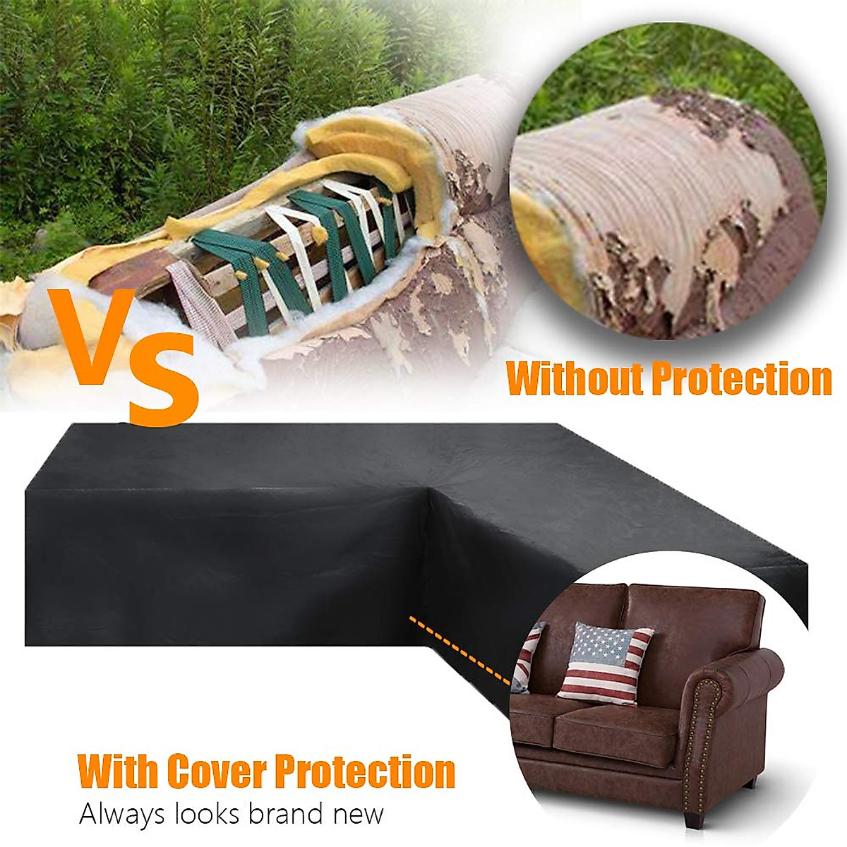 Mayhour Patio Furniture Outdoor Heavy Duty Waterproof Clearence V Shape Corner Sofa Cover Dustproof Windproof Anti-UV Sectional Couch Cover Black with Hem Cord ExtraLarge,84.5x84.5inch