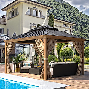 EROMMY 10'x12' Gazebo, Wood Grain Aluminum Frame Canopy with Double Galvanized Steel Hardtop Roof, Outdoor Permanent Metal Pavilion with Curtains and Nettings for Patio, Backyard and Deck