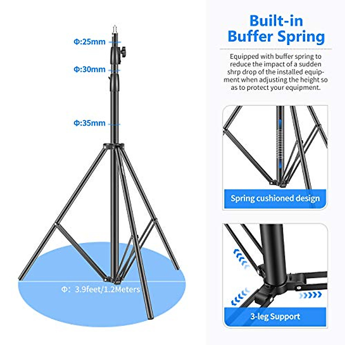 Neewer Heavy Duty Light Stand 10 Feet/3 Meters Adjustable Spring Cushioned Metal Photography Tripod Stand for Photo Studio Softbox, Flash Monolight, Ring Light and Other Photographic Equipment(Black)