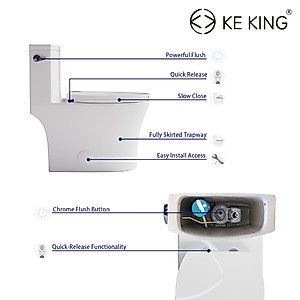 KE KING 1.28 Gpf Elongated One Piece Toilet, Powerful & Quiet Flush Modern Toilet(Side Flush) 12'' Rough-In Toilet & ADA Height