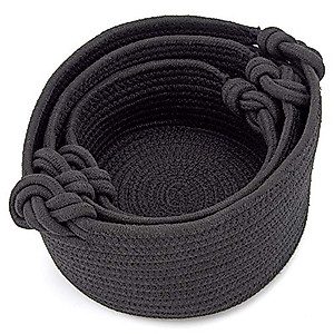 EZOWare Set of 3 Small Nursery Round Cotton Rope Knit Basket Cubes, Woven Storage Organizer Bins for Changing Table, Kids Baby Closets, Room Decor, Dog Cat Toys, Towels, Gift Baskets Empty - Black