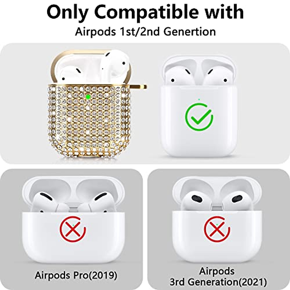 Case for Airpods 2/1, Filoto Bling Crystal PC AirPod 1st/2nd Generation Case Cover for Women Girls, Cute Air Pod Hard Protective Accessories with Lobster Clasp Keychain for Apple Airpods (Gold)