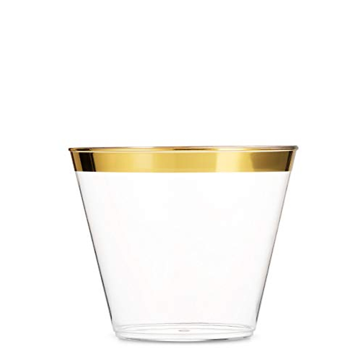 Munfix 100 Gold Plastic Cups - 9 Oz Clear Old Fashioned Tumblers - Fancy Gold Rimmed Cups - Disposable Wedding Cups - Elegant Party Cups with Gold Rim