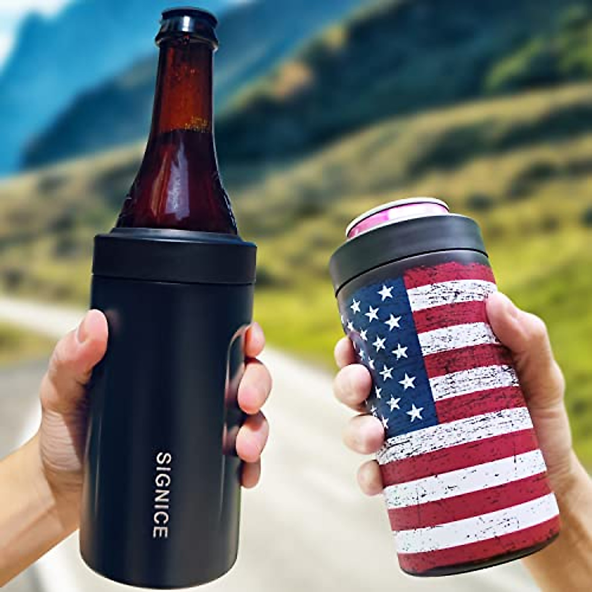 4-IN-1 Insulated Can Cooler with Lid - Newest Signice 12 Oz Stainless Steel Can Cooler Double Walled Vacuum Insulator for Skinny Tall Slim Can / Standard Regular Can / Beer Bottle (Flag)