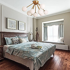 BAODEN Large 9 Lights Modern Globe Semi Flush Mount Ceiling Light Mid Century Sputnik Chandeliers with White Globe Glass Lampshade Brushed Brass Elegant Light Fixture for Living Room Lighting(Gold)