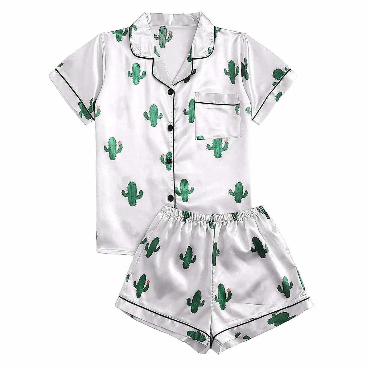 Remidoo Women's Short Sleeve Button Down Satin 2 Piece Pajama Set Sleepwear White Small