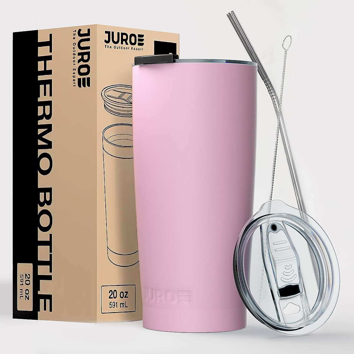 JURO Tumbler 20 oz Stainless Steel Vacuum Insulated Tumblers w/Lids and Straw [Travel Mug] Double Wall Water Coffee Cup for Home, Office, Kitchen Outdoor ideal for Ice Drinks/Hot Beverage - Pink