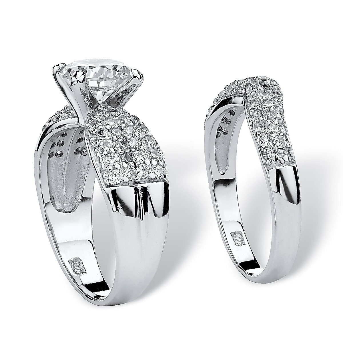 PalmBeach Jewelry Gold-Plated or Platinum-Plated Sterling Silver Round Cubic Zirconia Pave Bridal Ring Set Size 9