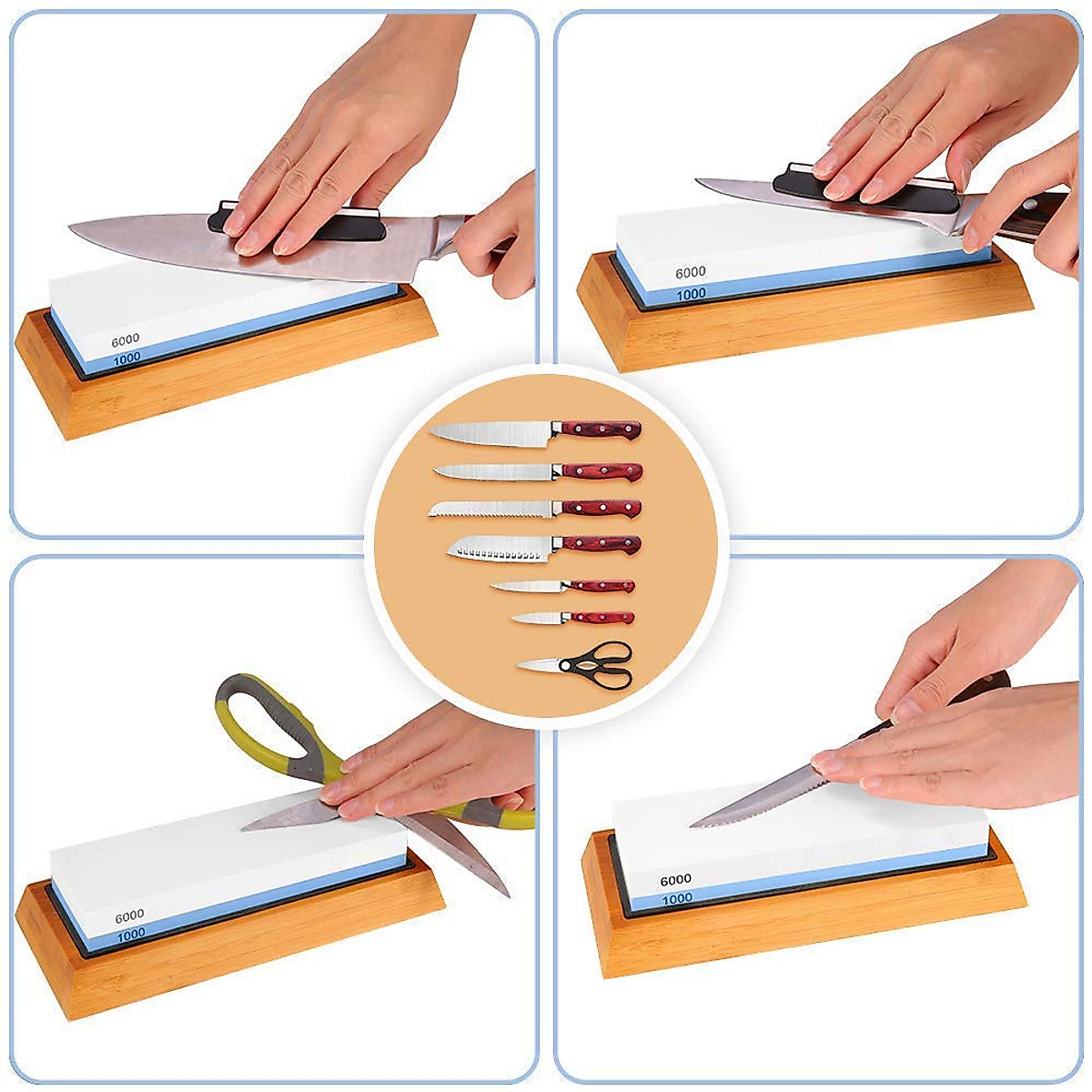 MASSUGAR Whetstone Knife Sharpening Stone Set, 2-Sided Premium Wet Stone Sharpener 1000/6000 Grit Wetstone Kit for Kitchen knives with Non-Slip Bamboo and Silicon Base Angle Guide, Flattening Stone