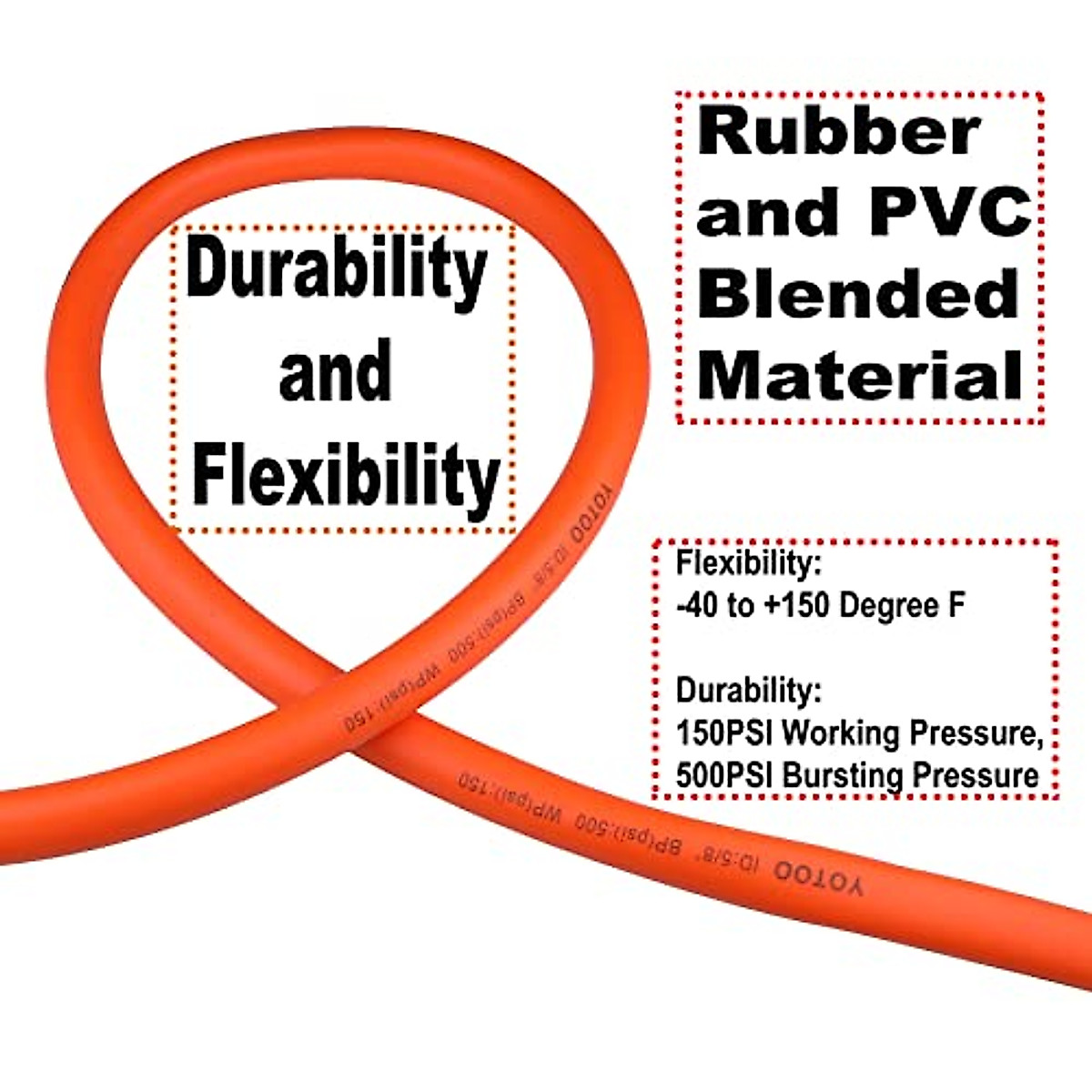 YOTOO Heavy Duty Hybrid Garden Lead in Water Hose 5/8-Inch by 10-Feet 150 PSI, Kink Resistant, All-Weather Flexible with Swivel Grip Handle and 3/4" GHT Solid Brass Fittings, Orange