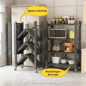 Pokfeic All-in-one Heavy Duty Storage Shelving Unit, Foldable Storage Shelves with Wheels, 4-Tire Utility Rolling Cart, Foldable Easy to Install Metal Standing Shelf, Max Loading 400lbs (Black)