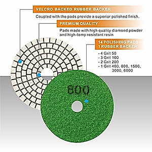 SPTA 15pcs Diamond Wet Polishing Pads Set, 4 inch Pads for Granite Stone Concrete Marble Floor Grinder or Polisher, 50#-6000# with Hook & Loop Backing Holder Pads for Wet Polisher