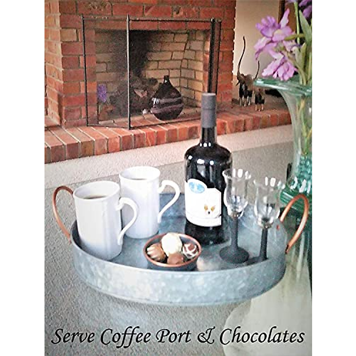 Galrose Rustic Galvanized Metal Serving Tray – Rose Gold Handles for Drinks Bar Table Centerpiece Sturdy Oval Decorative Serving Tray Platter. 6th Iron Anniversary Housewarming or Retirement Gift