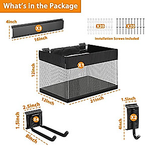 SMARTOLOGY Tool Storage Rack 6 Assorted Hooks Large Mesh Basket Sports Gear, Utilities, Wall Mount Garage Storage Organizer Lawn Gear, Heavy-Duty Gardening Power Tool Rack, Black Wall Rack Combo