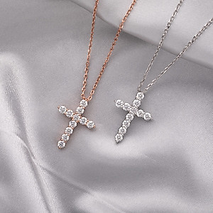 Ladylike 18K Gold Plated Sterling Silver Moissanite Cross Pendant Necklace for Women, with 11 Pieces of 3mm VVS1, D moissanites,Small and Exquisite Necklace,16+2" inches Necklace Chain (Silver)