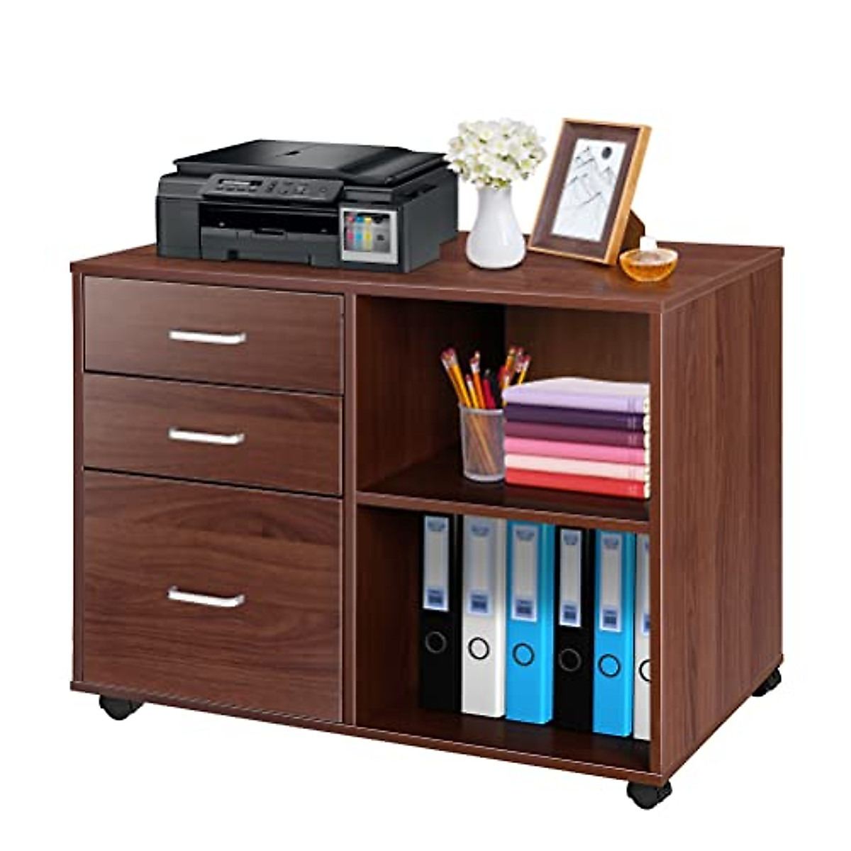 SUPER DEAL File Cabinet Bookshelf Combo 3 Drawer Wood File Cabinet with Lock Mobile Lateral Filing Cabinet Printer Stand with Open Storage Shelves Fits A4 or Letter Size for Home Office, Brown